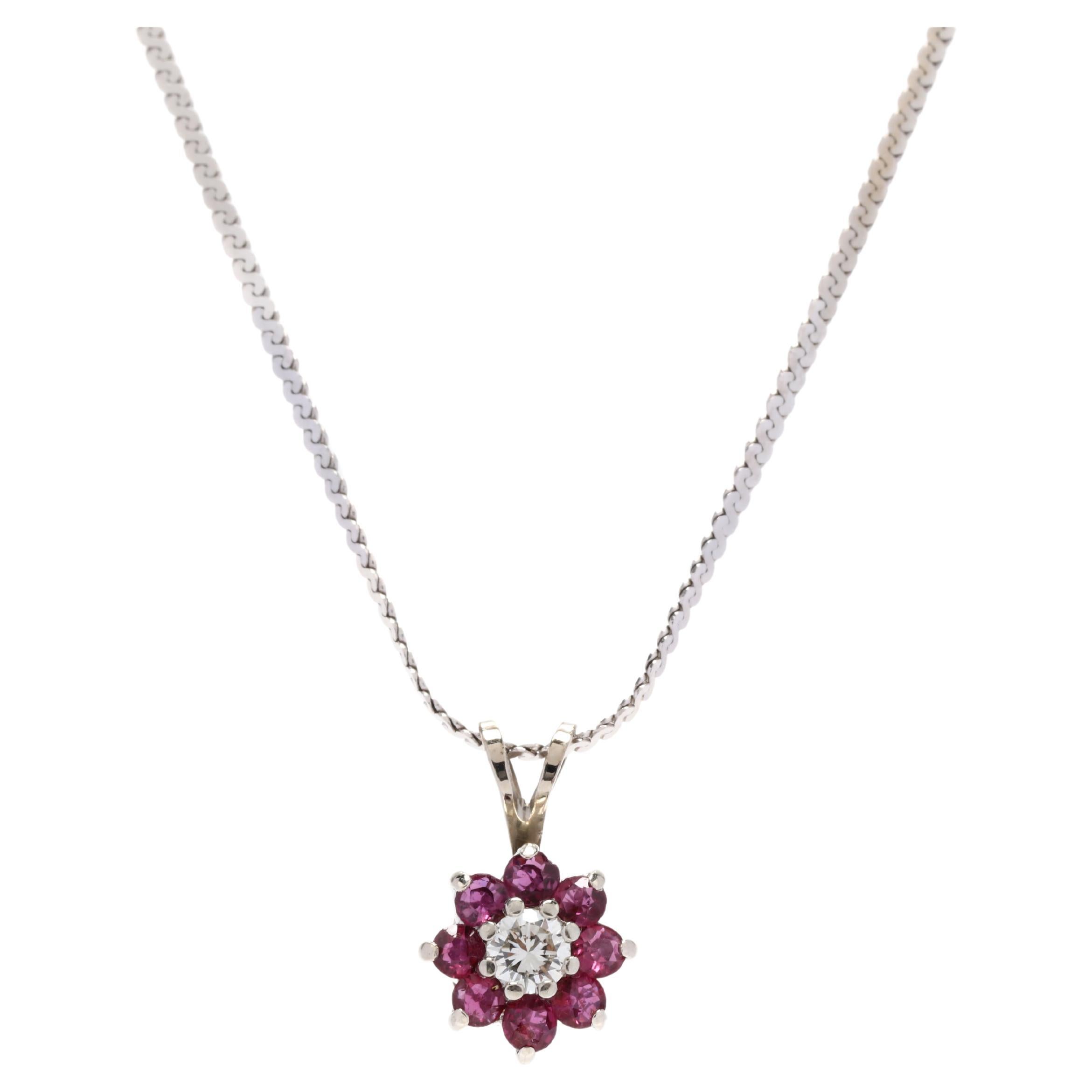 Ruby and Diamond Halo Pendant Necklace at 1stDibs