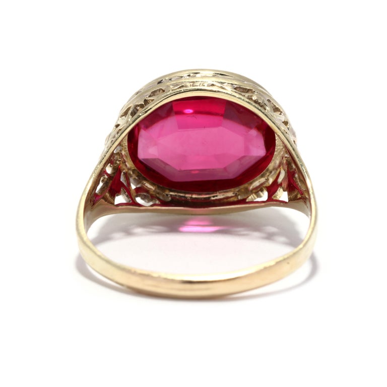 14Y Oval Red Stone Filigree Ring, Synthetic Ruby For Sale at 1stDibs