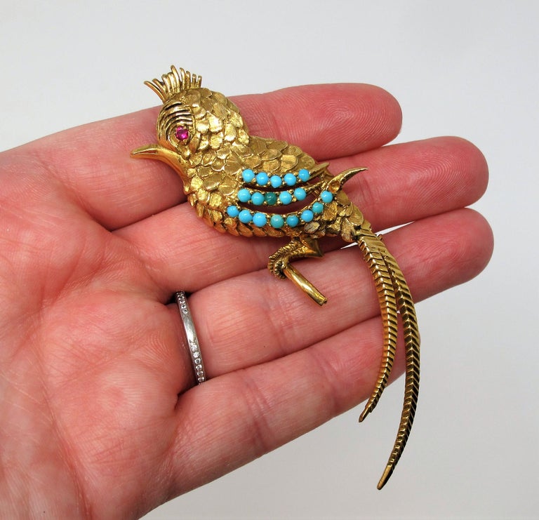 1.5 Carat Turquoise and Ruby Fancy Bird Brooch / Lapel Pin 18 Karat ...