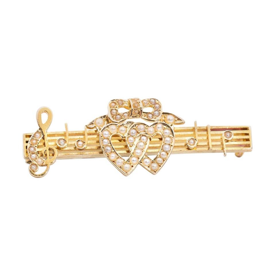 15 Carat Yellow Gold Two Heart White Seed Pearl Antique Victorian Bar ...