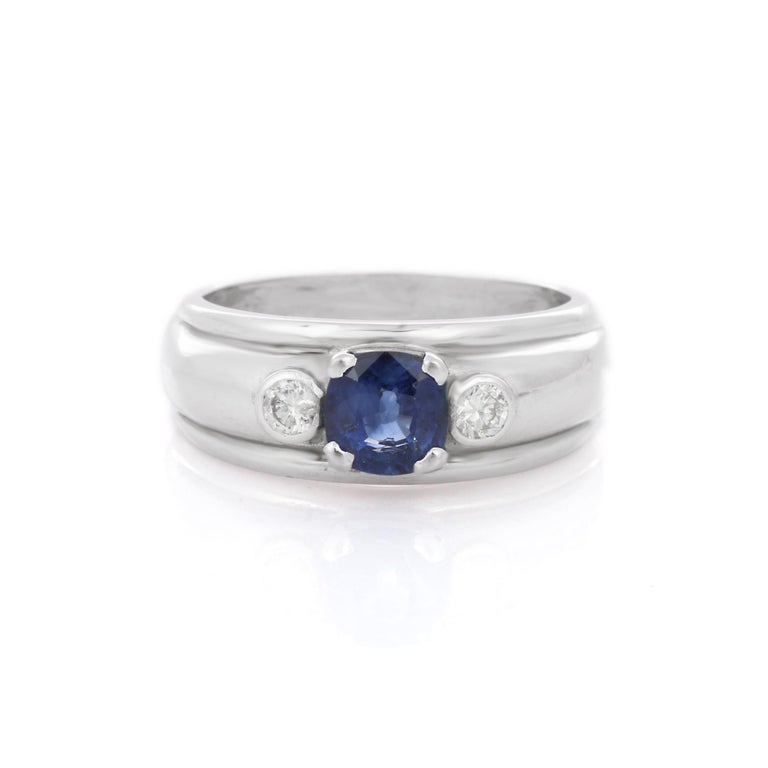 Customizable 1.5 Ct Blue Sapphire and Diamond Band Style Wedding Ring in 18K Solid White Gold ...