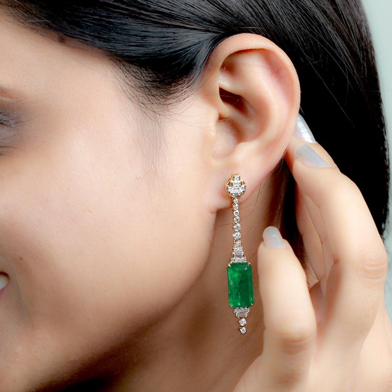 15 Cts. Long Zambian Emerald Octogen Pair Earrings in 18k Yellow Gold ...