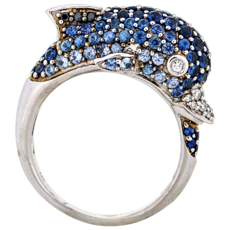 1.50 Carat 14 Karart White Gold Diamond Blue Sapphire Dolphin Ring For ...
