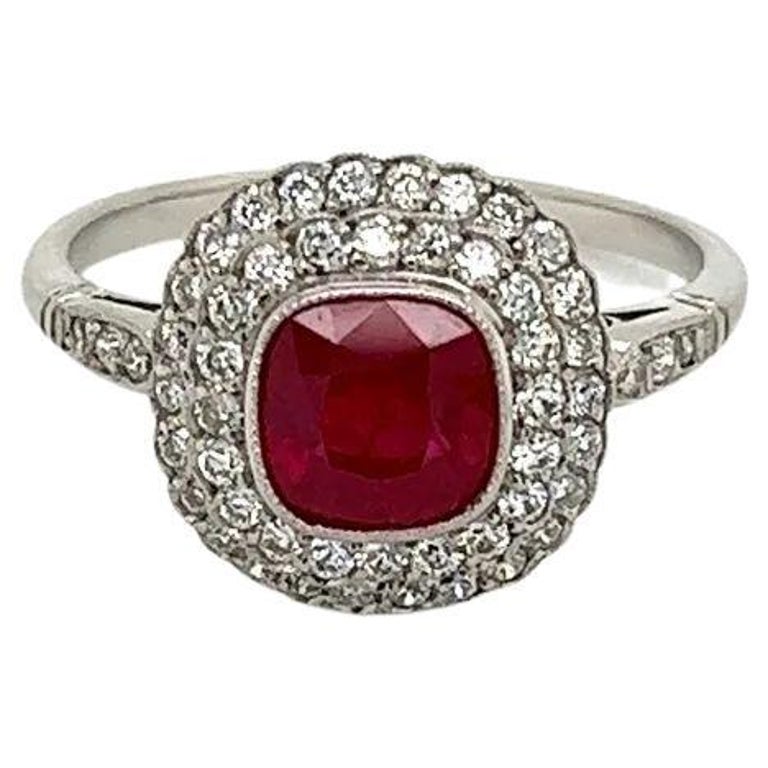 1.50 Carat Cushion Ruby and Diamond Vintage Platinum Ring Estate Fine ...