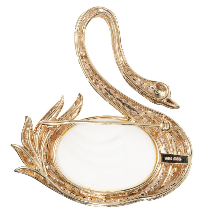 1.50 Carat Diamond Emerald Angel Skin Quartz Yellow Gold Swan Brooch ...