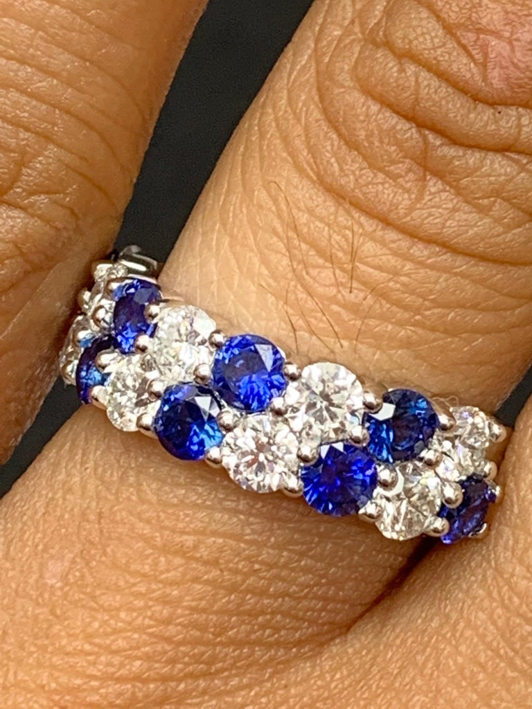 1.50 Ct Blue Sapphire and Diamond Double Row ZicZac Band Ring 14K White ...