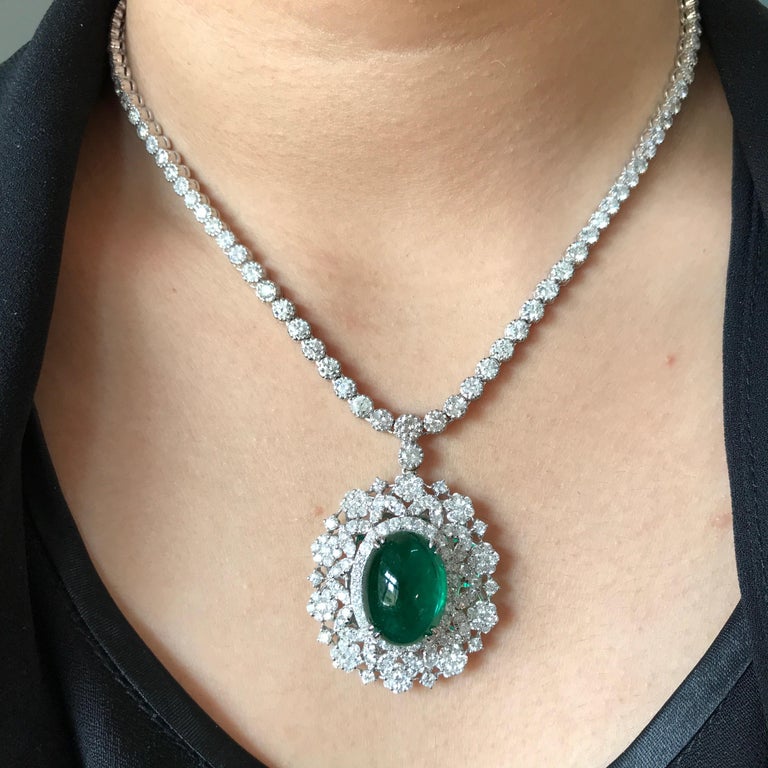15.03 Carat Emerald Cabochon and Diamond Pendant Necklace For Sale ...