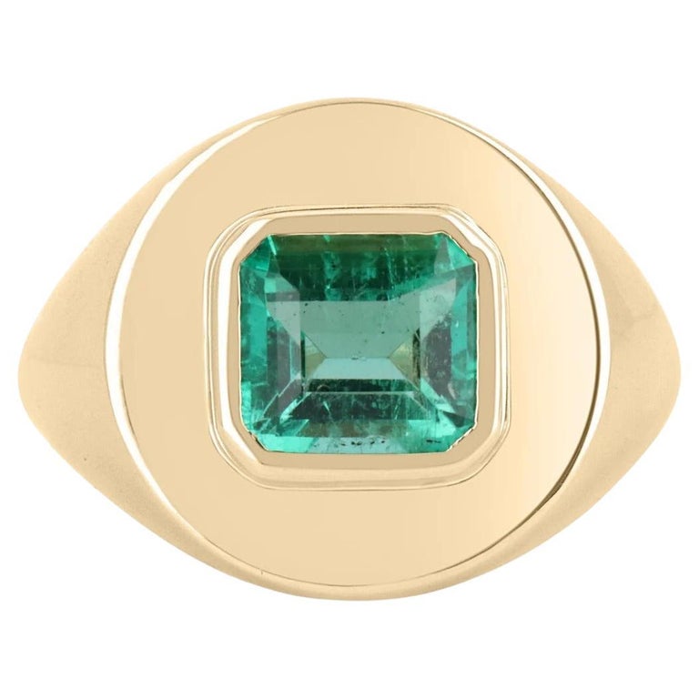 1.50cts 18K Colombian Emerald-Emerald Cut Solitaire Bezel Set Signet ...