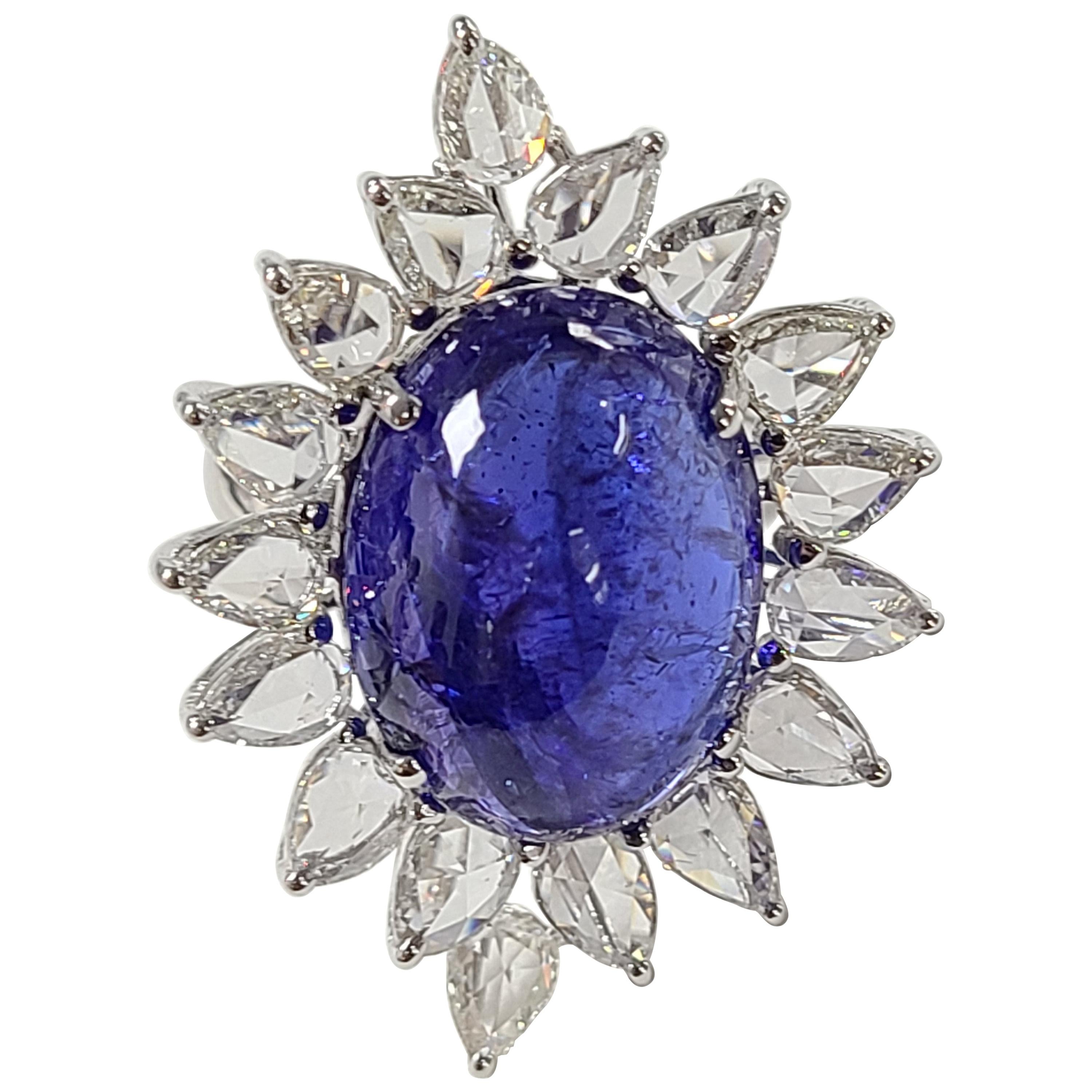 Top Quality Tanzanite Sugarloaf Cabochon Ring with Diamonds in 18 Karat ...