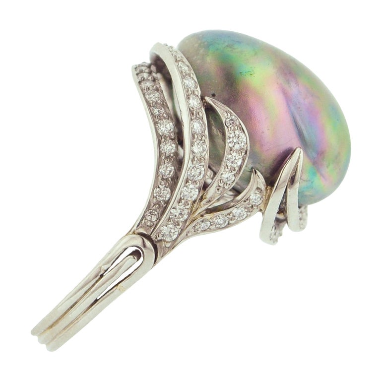 15.36 Carat Rare Natural Abalone Pearl Diamond Platinum Cocktail Ring ...