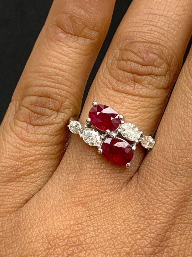 1.54 Carat Oval Cut Ruby Diamond Toi Et Moi Engagement Ring in 14K White Gold For Sale at 1stDibs