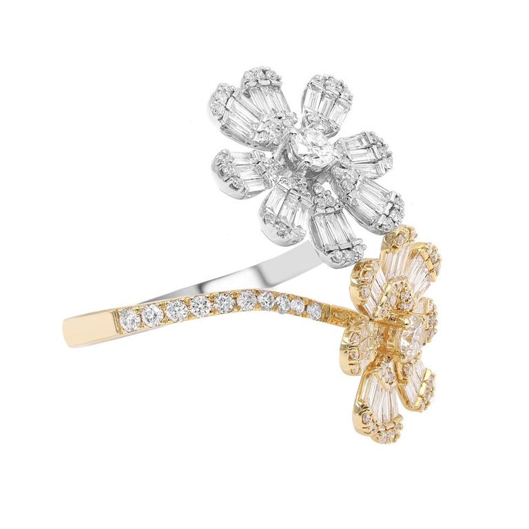 1.56 Pavé Diamond Flower Ring in 18K White and Yellow Gold For Sale at ...