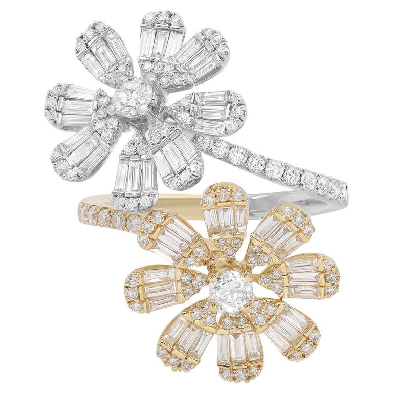 1.56 Pavé Diamond Flower Ring in 18K White and Yellow Gold For Sale at ...