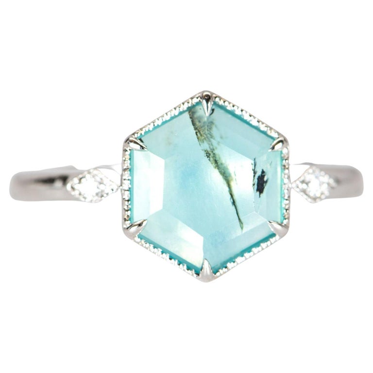 1.5ct Hexagon Peruvian Blue Opal Diamond Sides 14K Gold Engagement Ring ...