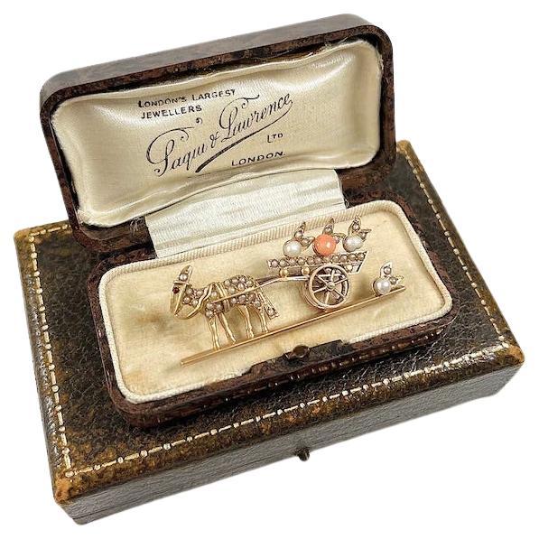 15ct Yellow Gold Edwardian Seed Pearl and Coral Donkey Pulling Apple ...