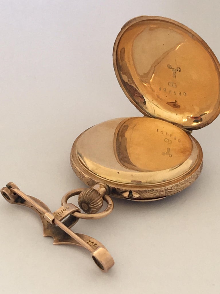 15 Karat Gold Enamel Gold Inlaid Dial Antique Brooch Fob Watch, circa ...