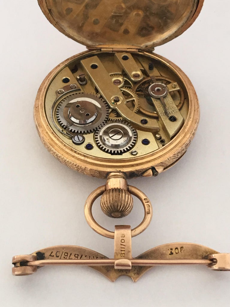 15 Karat Gold Enamel Gold Inlaid Dial Antique Brooch Fob Watch, circa ...