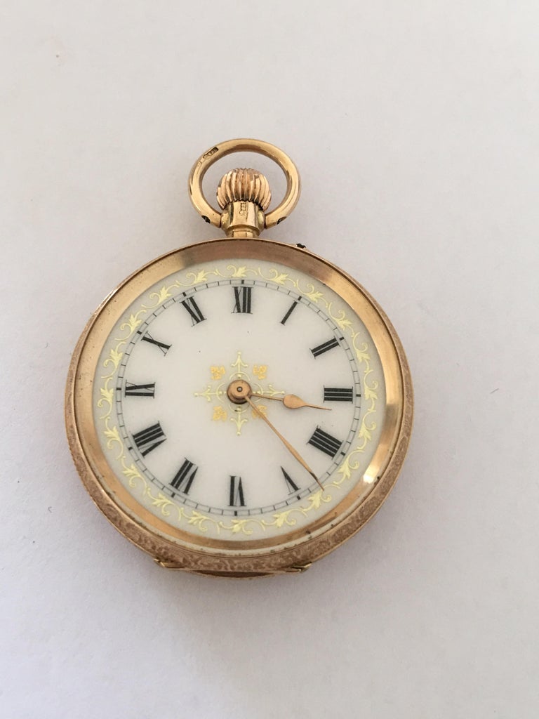 15 Karat Gold Fully Engraved Case Enamel Dial Fob / Pocket Watch at 1stDibs