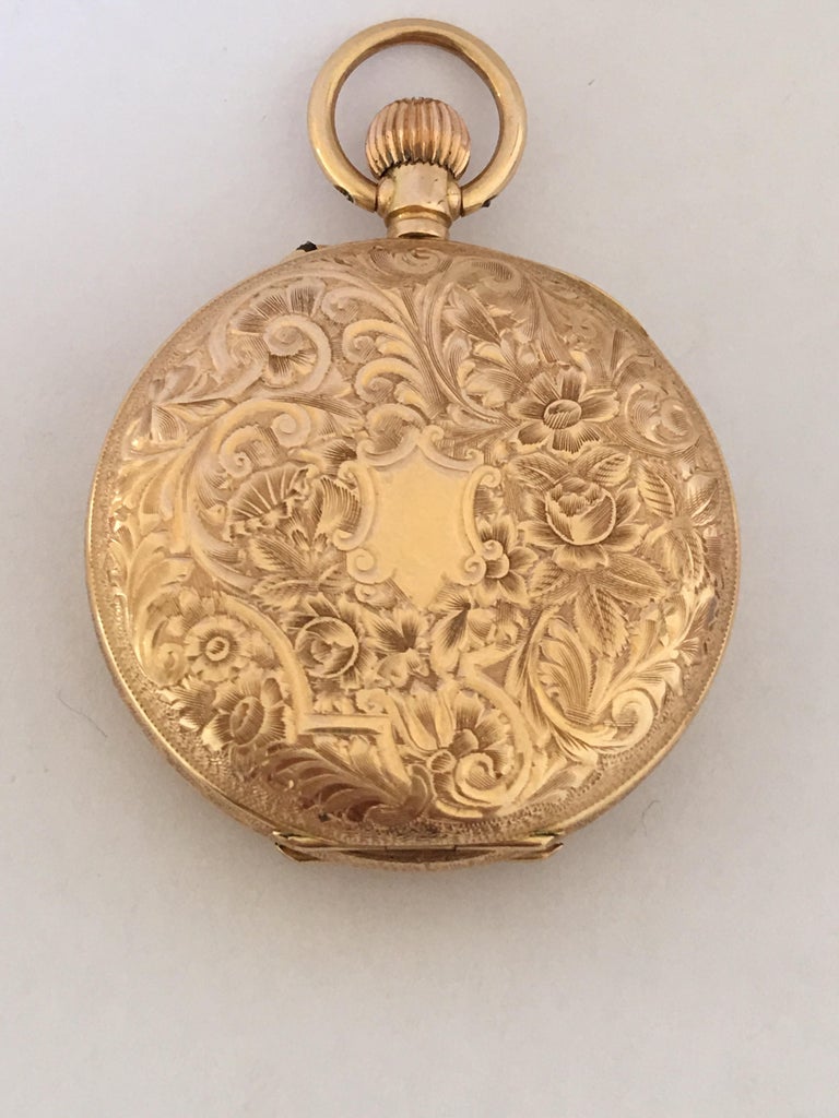 15 Karat Gold Fully Engraved Case Enamel Dial Fob / Pocket Watch at 1stDibs