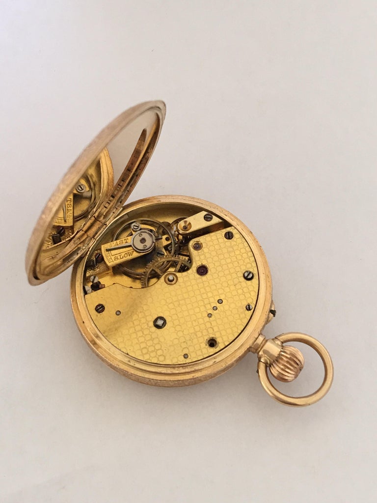 15 Karat Gold Fully Engraved Case Enamel Dial Fob / Pocket Watch at 1stDibs