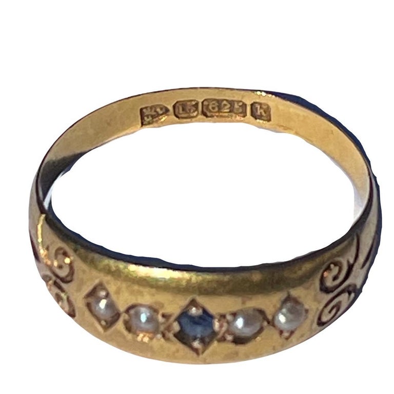 15k Gold Victorian Seed Pearl and Sapphire Band Ring W/ British ...