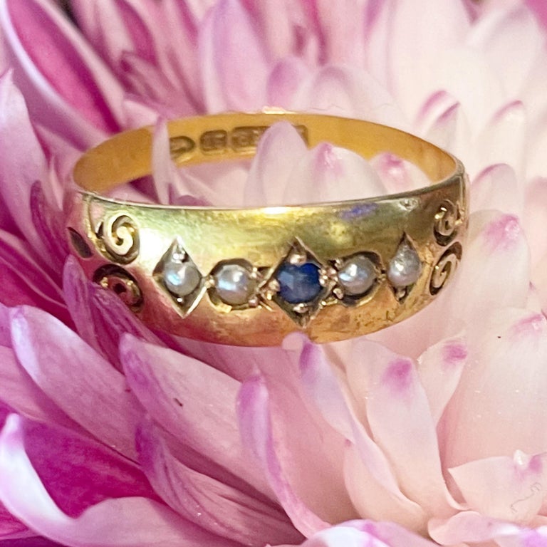 15k Gold Victorian Seed Pearl and Sapphire Band Ring W/ British ...