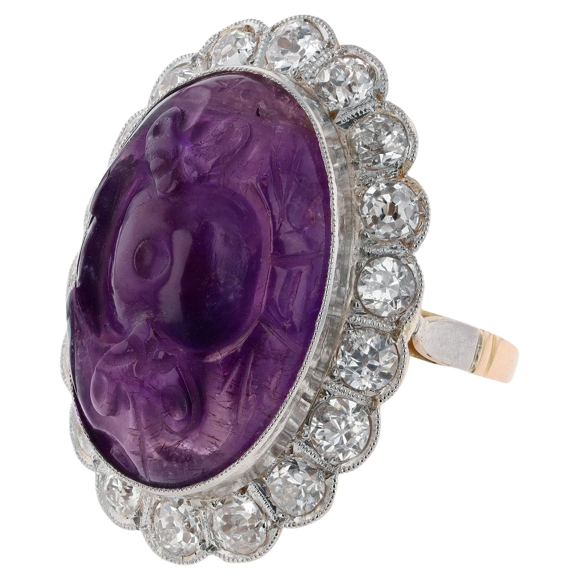 16 Carat Carved Amethyst and Diamond Vintage Cocktail Ring For Sale at ...