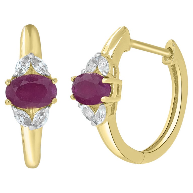 Gemistry 1.6 Carats Oval Ruby Hoop Earrings in 14K Yellow Gold For Sale at 1stDibs