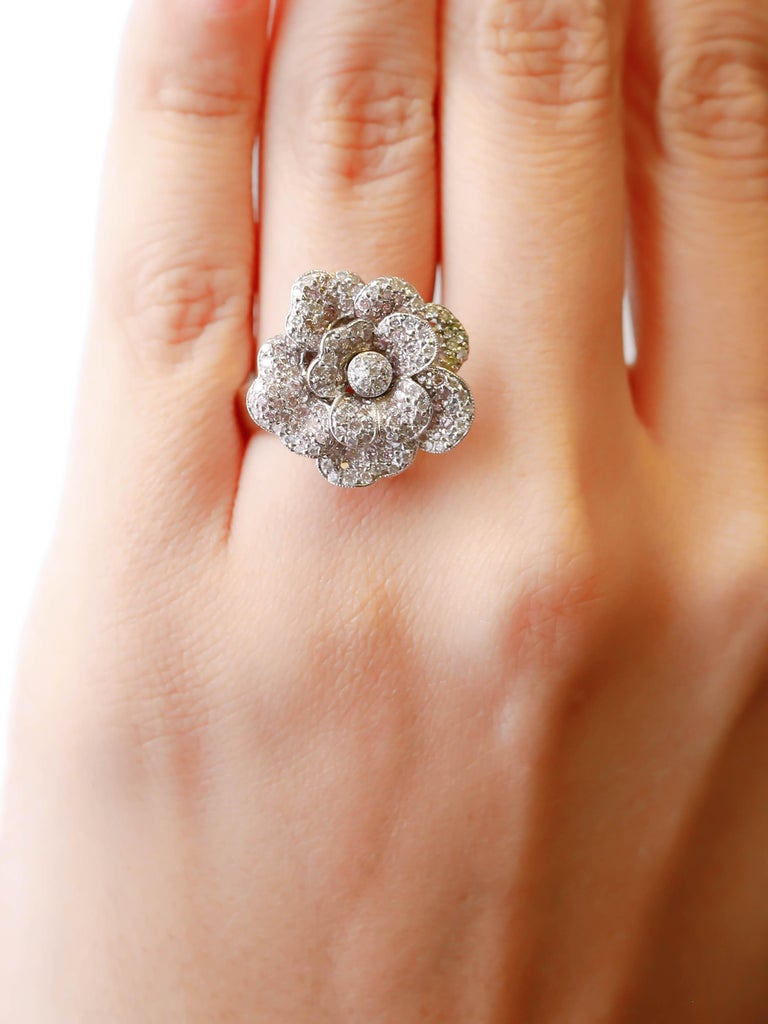 1.61 Carat Round Cut Diamond Pave Flower 14k White Gold Cocktail Fine ...