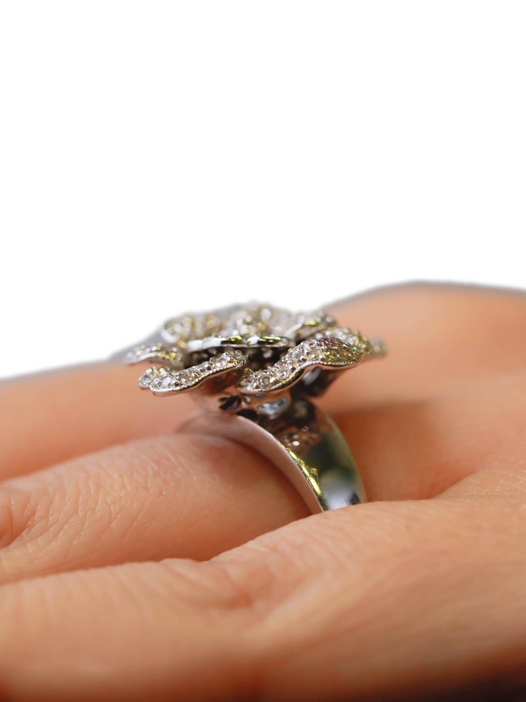 1.61 Carat Round Cut Diamond Pave Flower 14k White Gold Cocktail Fine ...