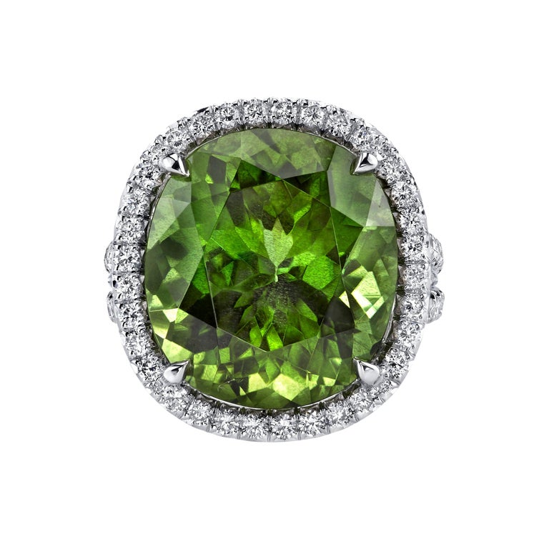 16.16ct Burmese Peridot Ring Adorned with 1.15ct Diamonds and Set in 18 ...