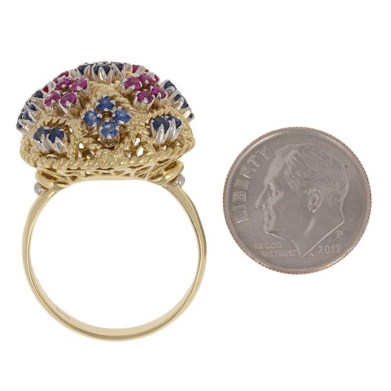 Customizable 1.64ctw Round Brilliant Sapphire and Ruby Ring, 18k Yellow Gold Quilted Dome For ...