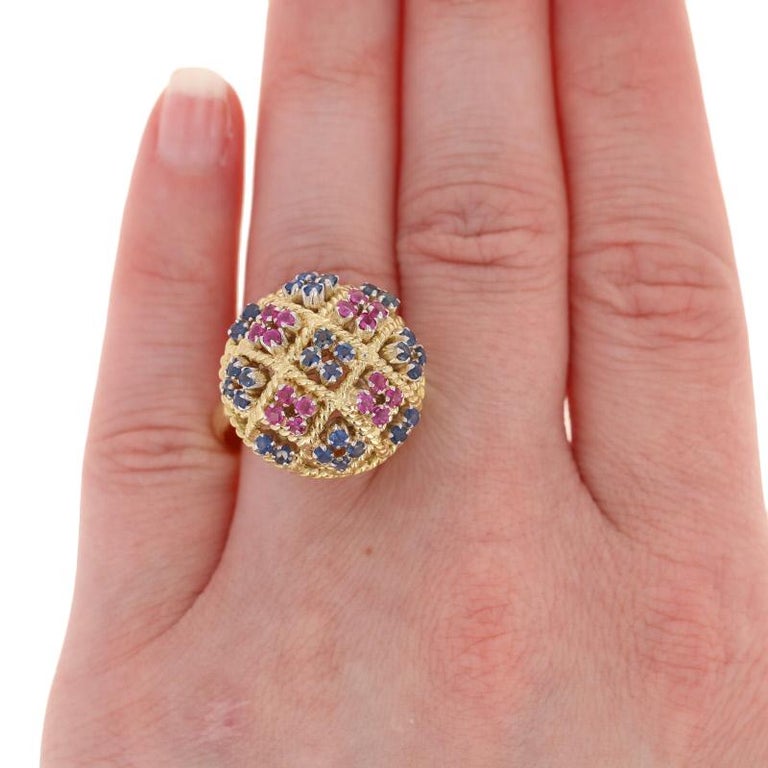 Customizable 1.64ctw Round Brilliant Sapphire and Ruby Ring, 18k Yellow Gold Quilted Dome For ...