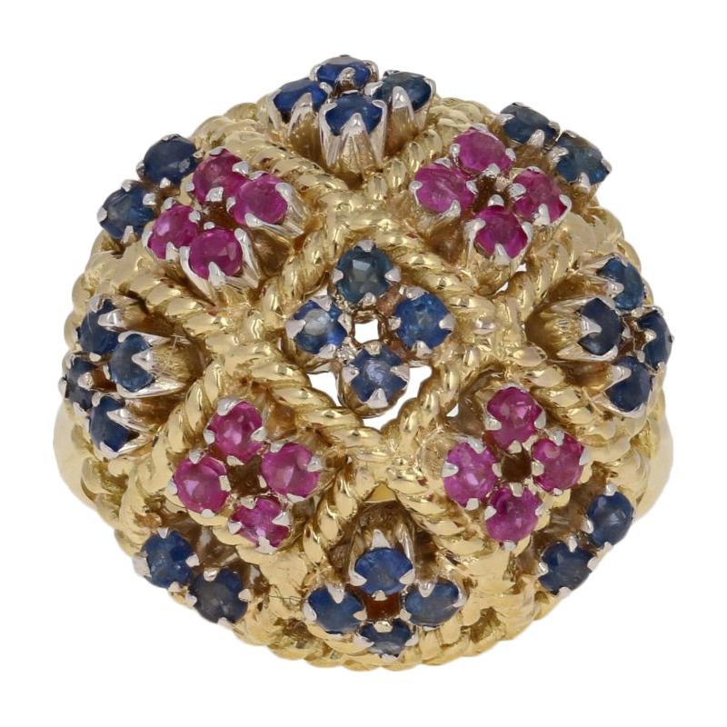 Customizable 1.64ctw Round Brilliant Sapphire and Ruby Ring, 18k Yellow Gold Quilted Dome For ...