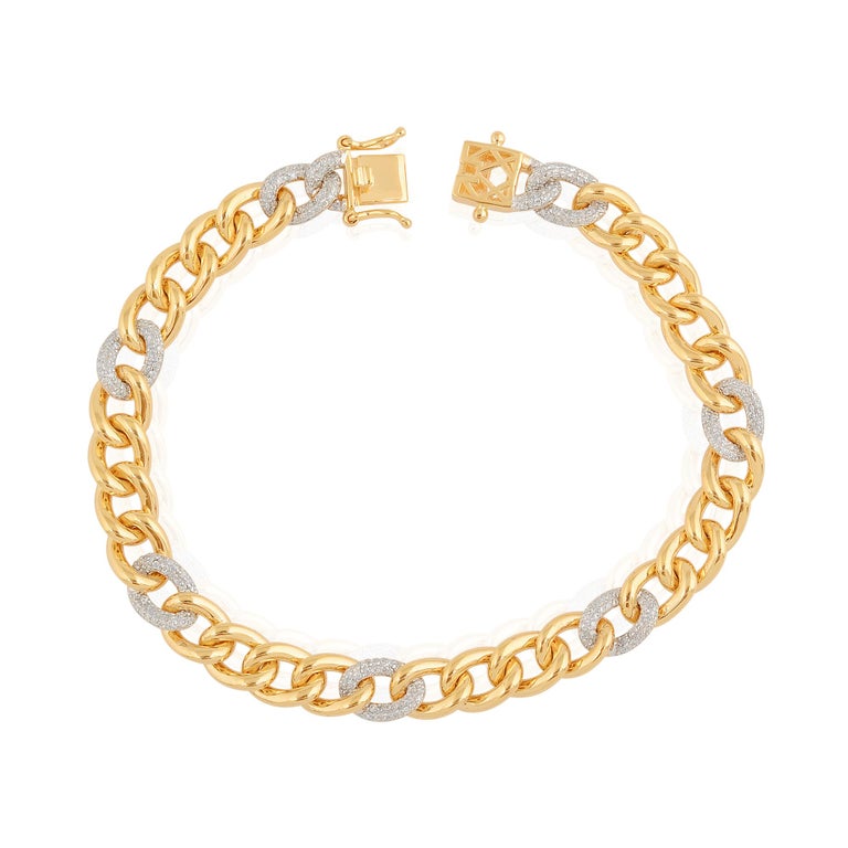 1.65 Carat Diamond Pave Cuban Link Chain Bracelet 18 Karat Two Tone Gold Jewelry For Sale at 1stDibs