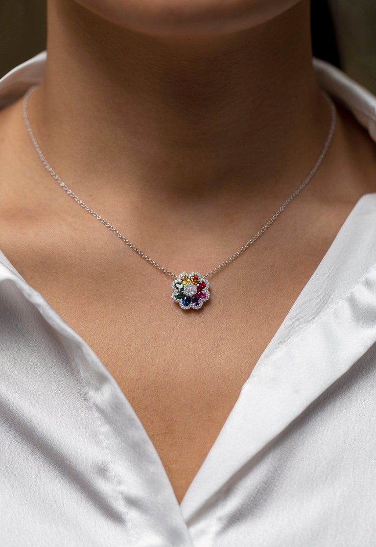 1.65 Total Carat Multi Color Sapphire with Diamond Flower Style Pendant ...