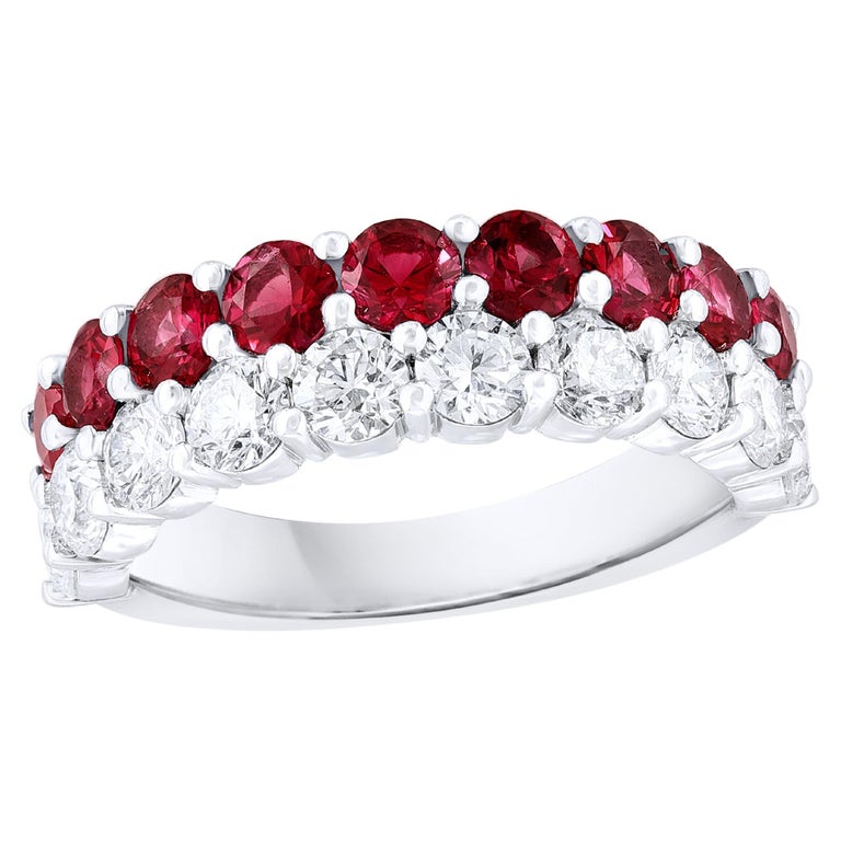 1.66 Ct Round Shape Ruby and Diamond Double Row Band Ring in 14K White ...