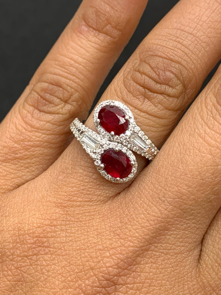 1.67 Carat Oval Cut Ruby Diamond Toi Et Moi Engagement Ring 14K White ...