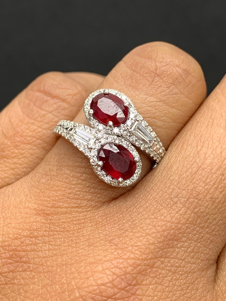 1.67 Carat Oval Cut Ruby Diamond Toi Et Moi Engagement Ring 14K White Gold For Sale at 1stDibs