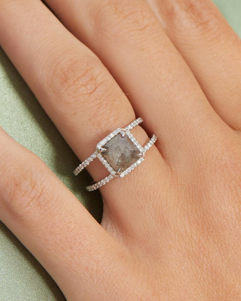 1.67 Ct Cushion Cut Salt + Pepper Diamond 14K Halo T-Bar Ring For Sale ...