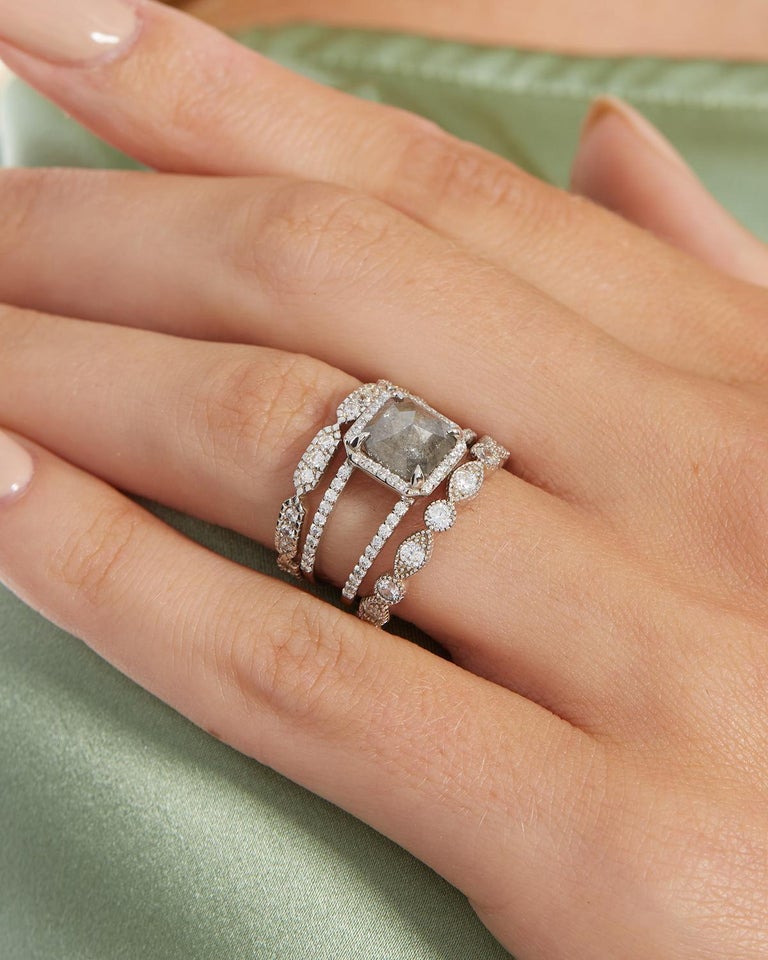1.67 Ct Cushion Cut Salt + Pepper Diamond 14K Halo T-Bar Ring For Sale ...