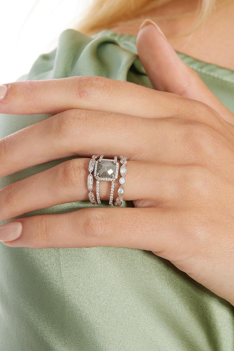 1.67 Ct Cushion Cut Salt + Pepper Diamond 14K Halo T-Bar Ring For Sale ...