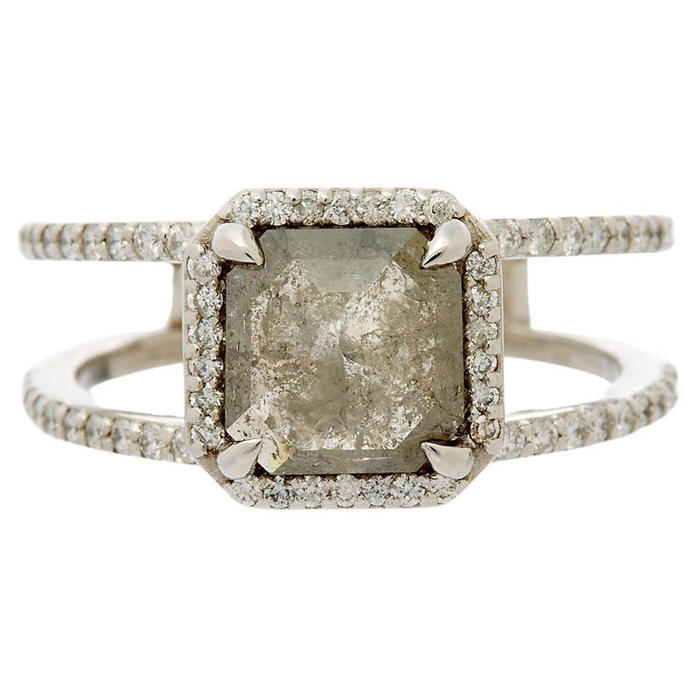 1.67 Ct Cushion Cut Salt + Pepper Diamond 14K Halo T-Bar Ring For Sale ...