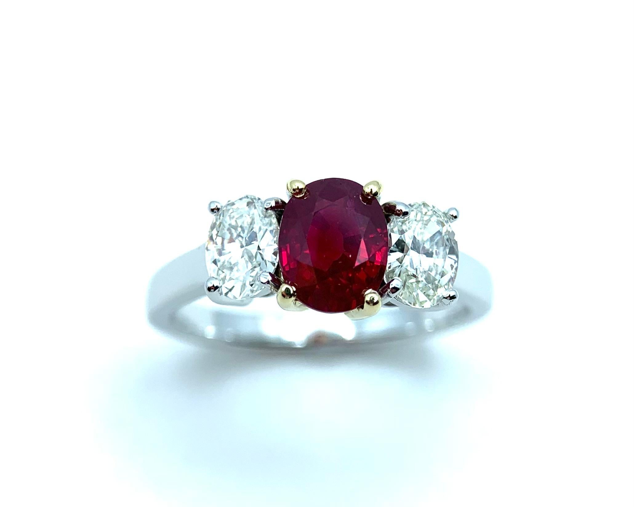 1.68 Carat Burmese Ruby and Diamond 3-Stone Engagement Ring in 18k Gold ...