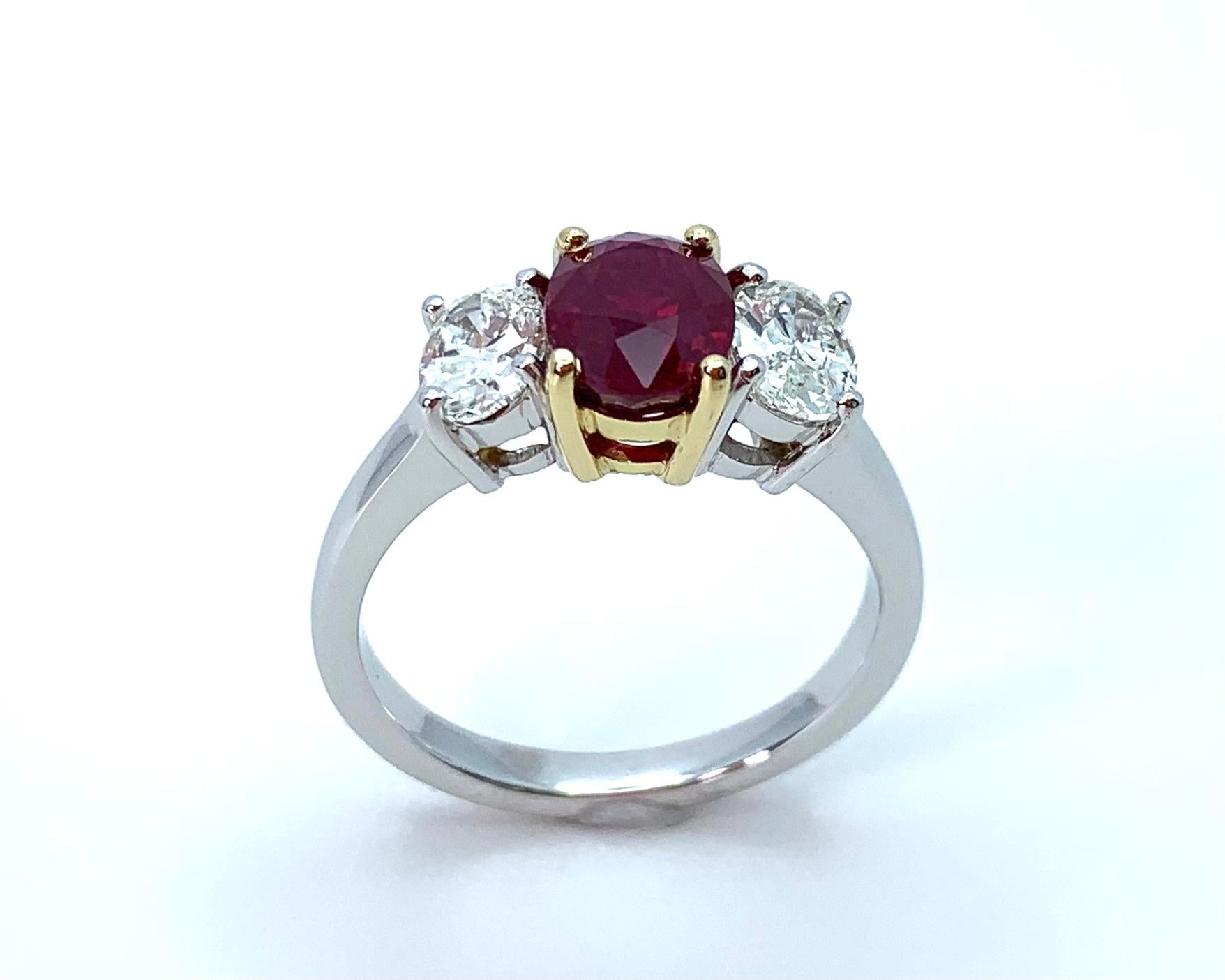 1.68 Carat Burmese Ruby and Diamond 3-Stone Engagement Ring in 18k Gold ...