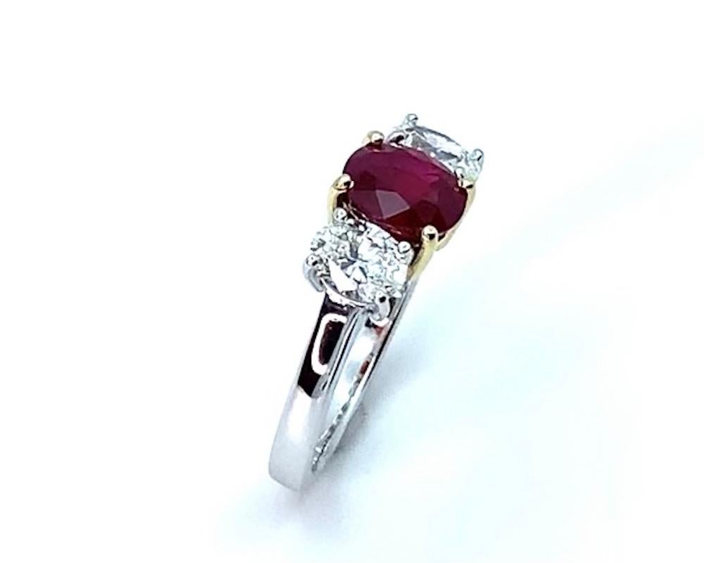 1.68 Carat Burmese Ruby and Diamond 3-Stone Engagement Ring in 18k Gold ...