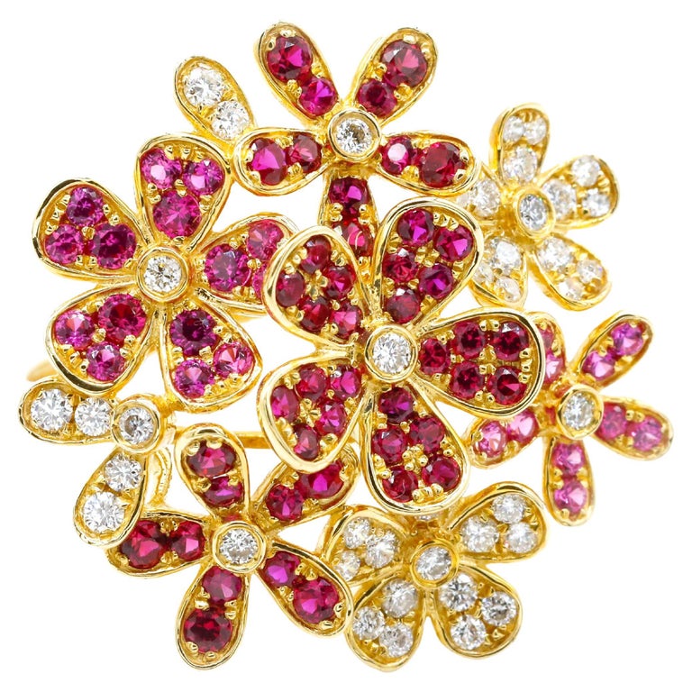 1.69 Ct Diamond Ruby Pink Sapphire Pave Flower 14K Yellow Gold Wrap ...