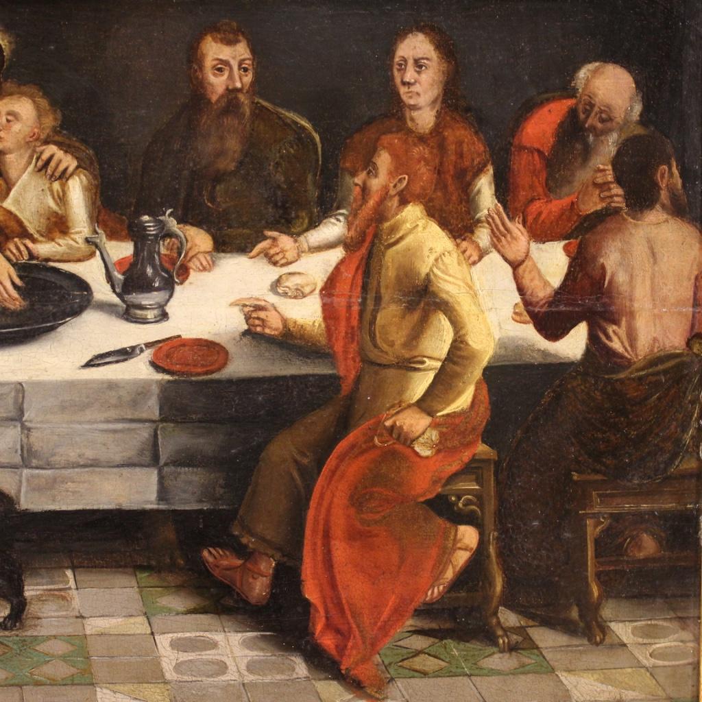 16th Century Oil on Oak Panel Antique Flemish Religious Painting Last Supper For Sale at 1stDibs