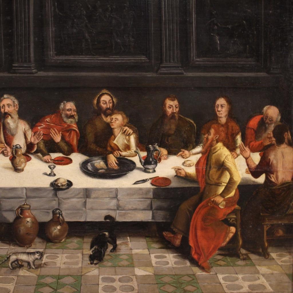 16th Century Oil on Oak Panel Antique Flemish Religious Painting Last Supper For Sale at 1stDibs