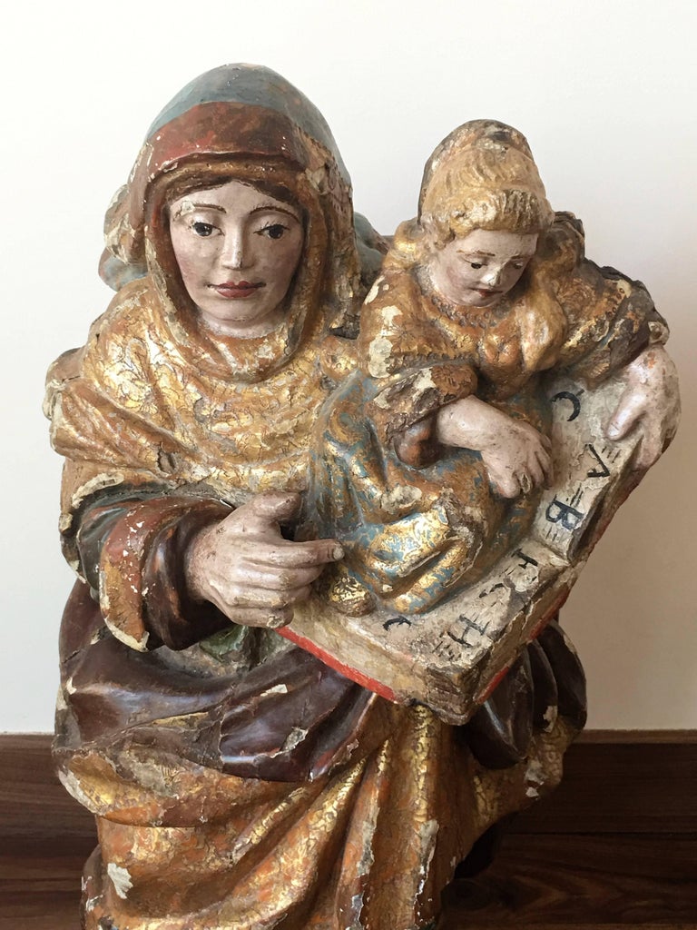 16th Century Spanish Carved and Polychrome Painted Saint Anne with the ...